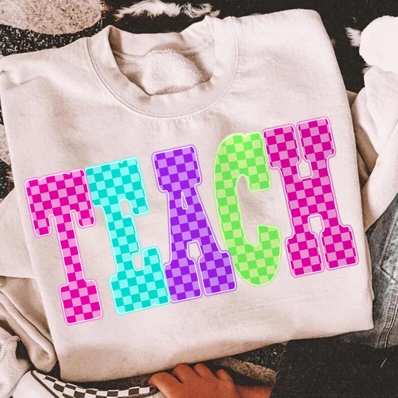 Neon Checkered TEACH PNG, Teacher Back to School PNG Neon Disstressed ...