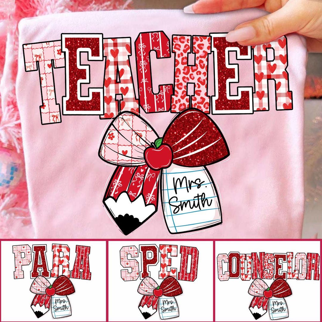 Coquette Teacher Valentine Pencil Bow Png Bundle, Custom Teacher Name ...