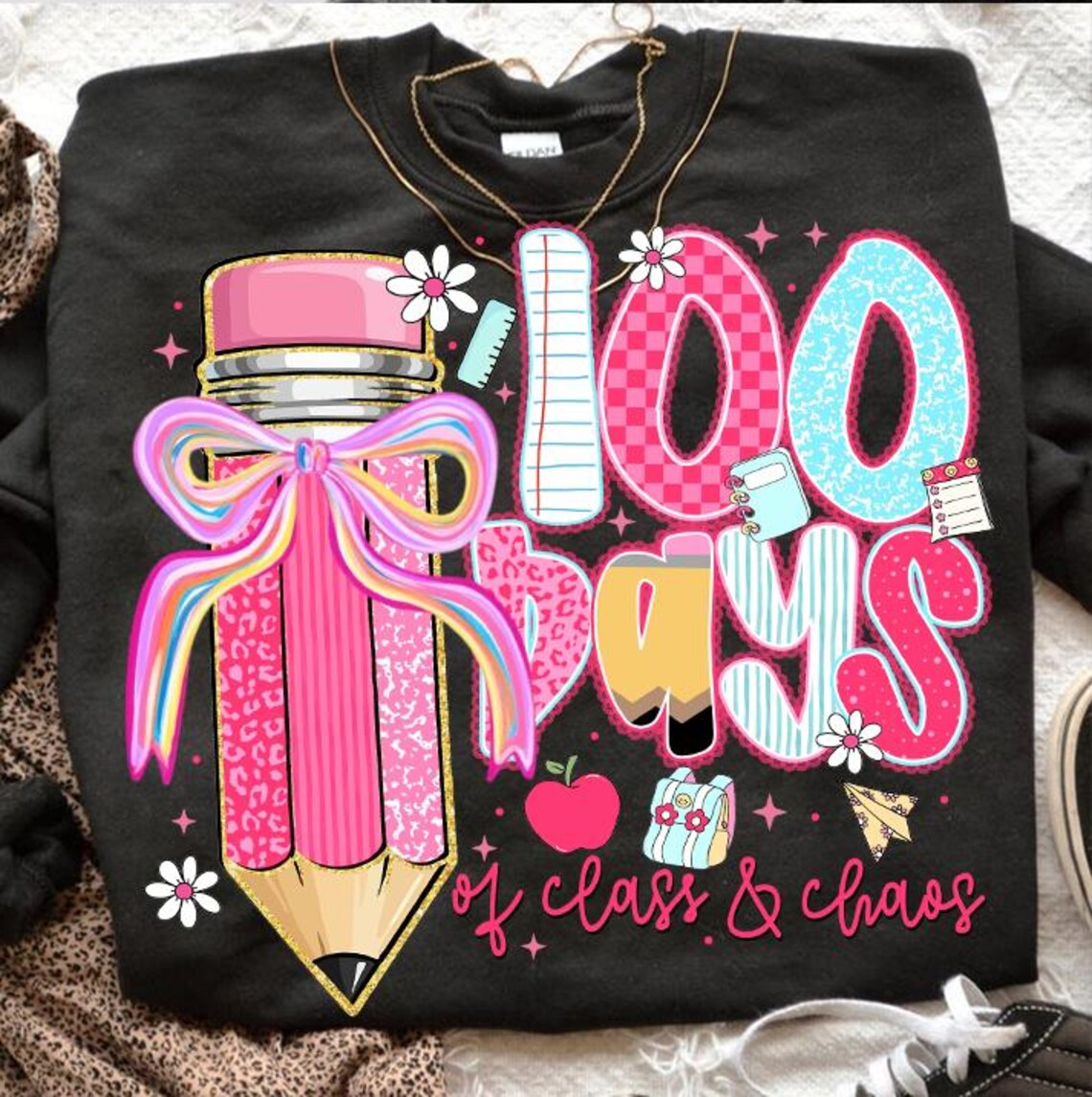 Preppy 100 Days of Class and Chaos PNG, Coquette Teacher Pencil Bow ...