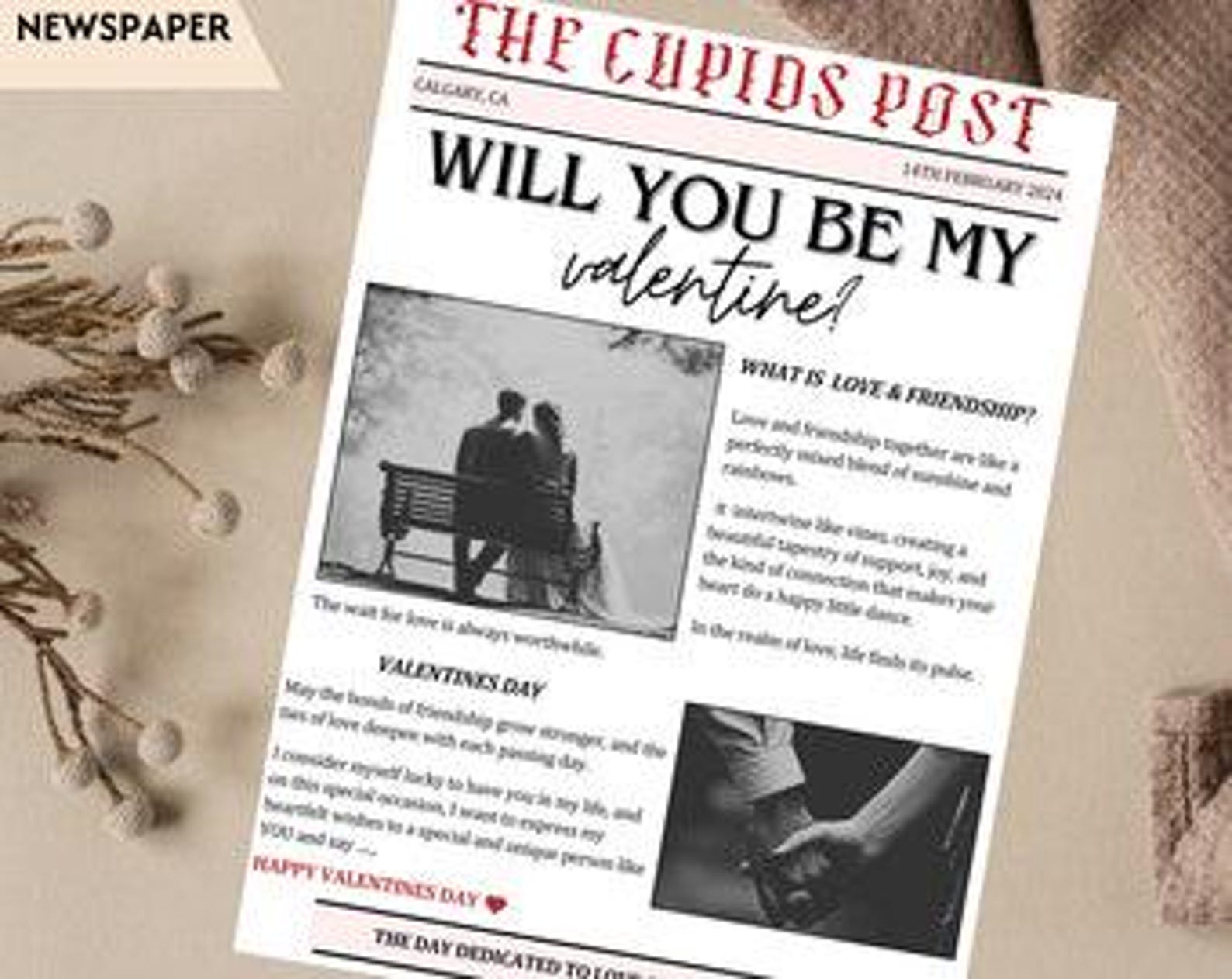 Custom Valentines Day Newspaper, Will You Be My Valentine Gift, Cupid ...