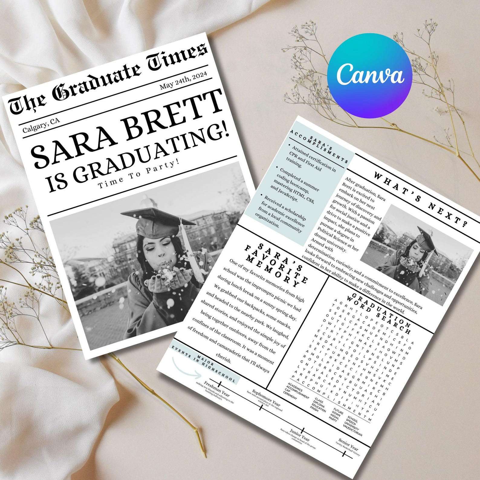 Canva Graduation Newspaper Template, Editable Newspaper Graduate, Large ...