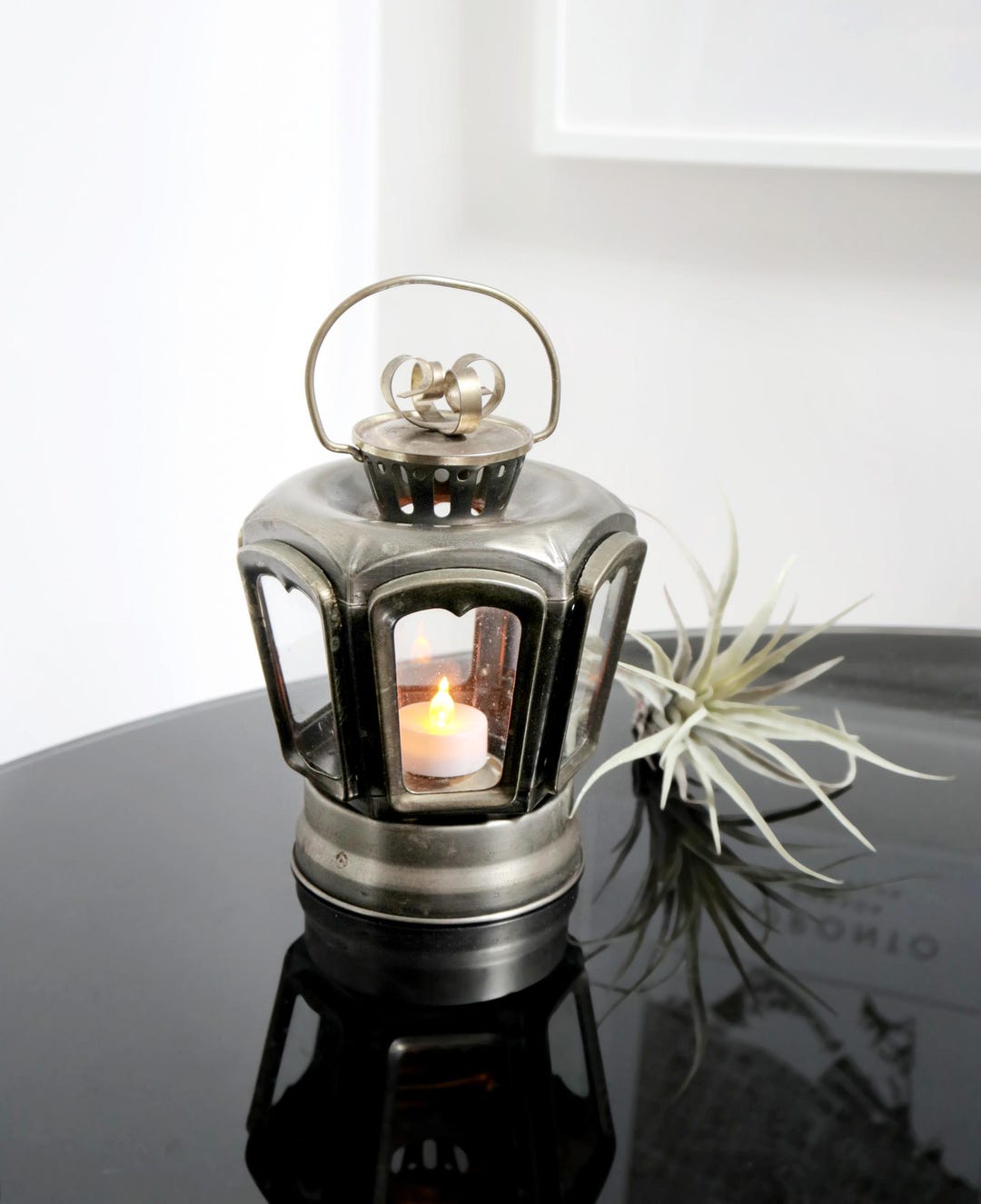 Vintage Dark Silver & Glass Mini Lantern Candle Holder, Outdoor Patio ...