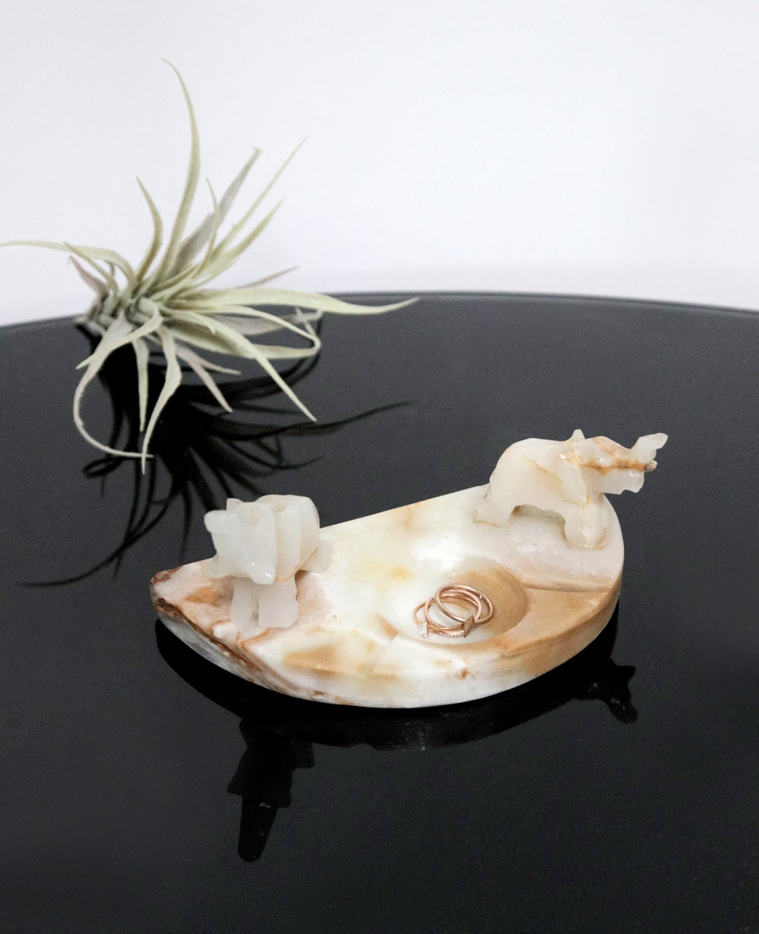 Vintage Beige & Brown Half Moon Stone Ashtray W/ Hand Carved Elephant ...