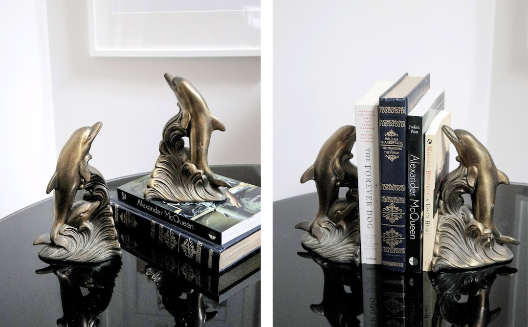 Vintage Antiqued Brass Dolphin & Wave Bookends, Nautical Interior Shelf ...