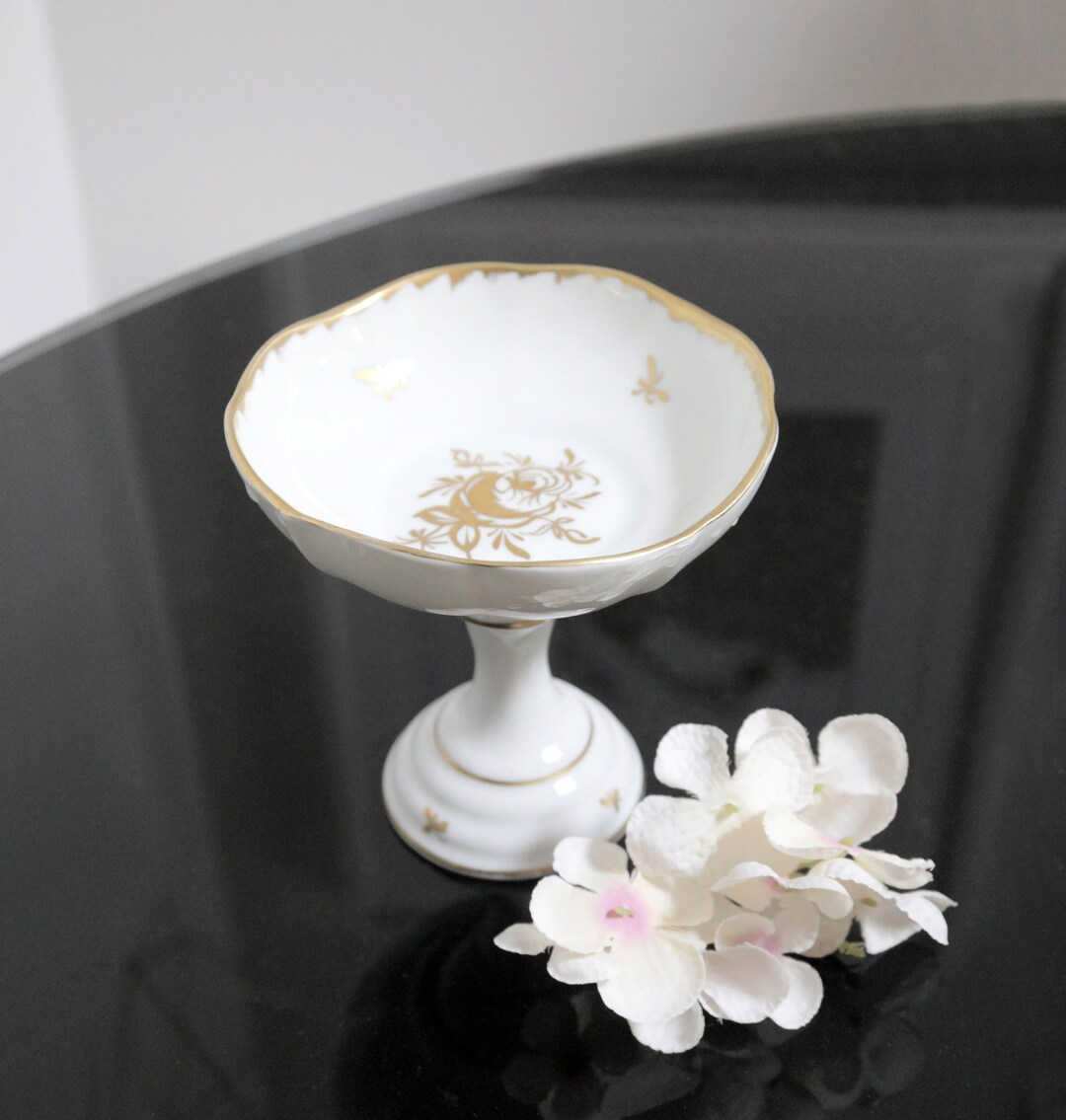 Vintage White Floral Pedestal Dish W/ Gold Rim by Birks France, Fancy ...