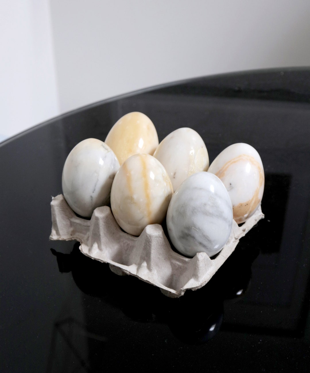 Vintage Carved Beige & Grey Stone Eggs - Set of 6, Farmhouse Figurine ...