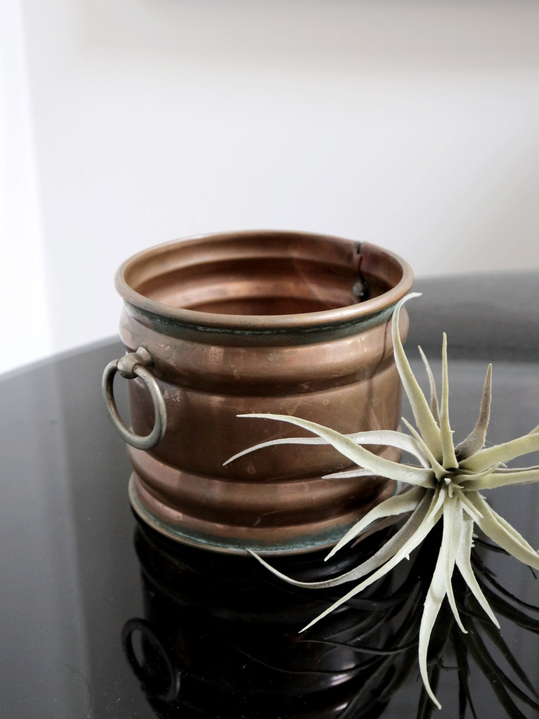 Vintage Copper & Brass Verdigris Plant Pot W/ Double Ring Handles ...