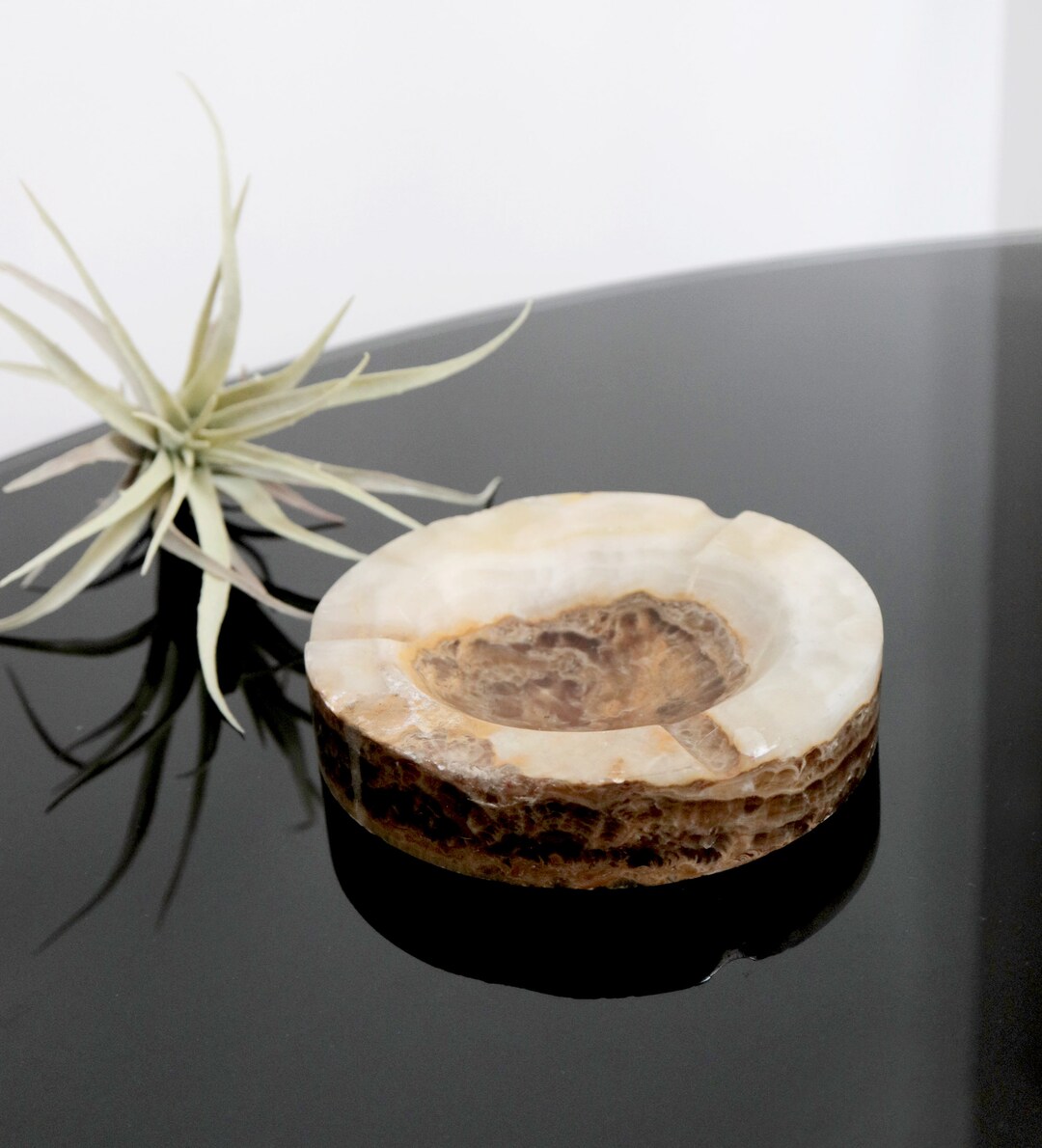 Vintage Beige & Brown Round Stone Ashtray, Marble Hand Carved Trinket ...