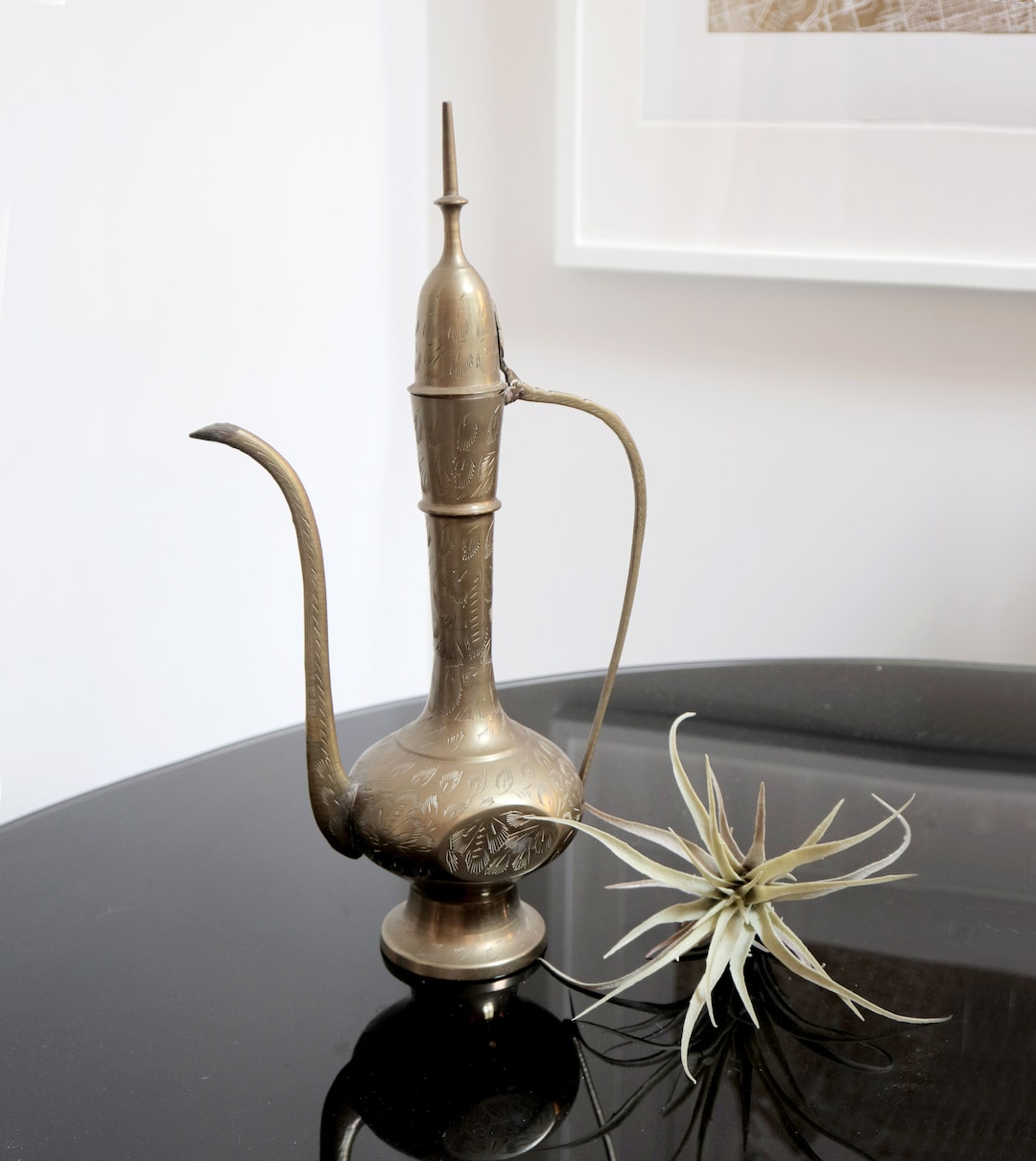 Vintage Tall Etched Brass Teapot W/ Hinged Lid, Long Neck & Skinny ...