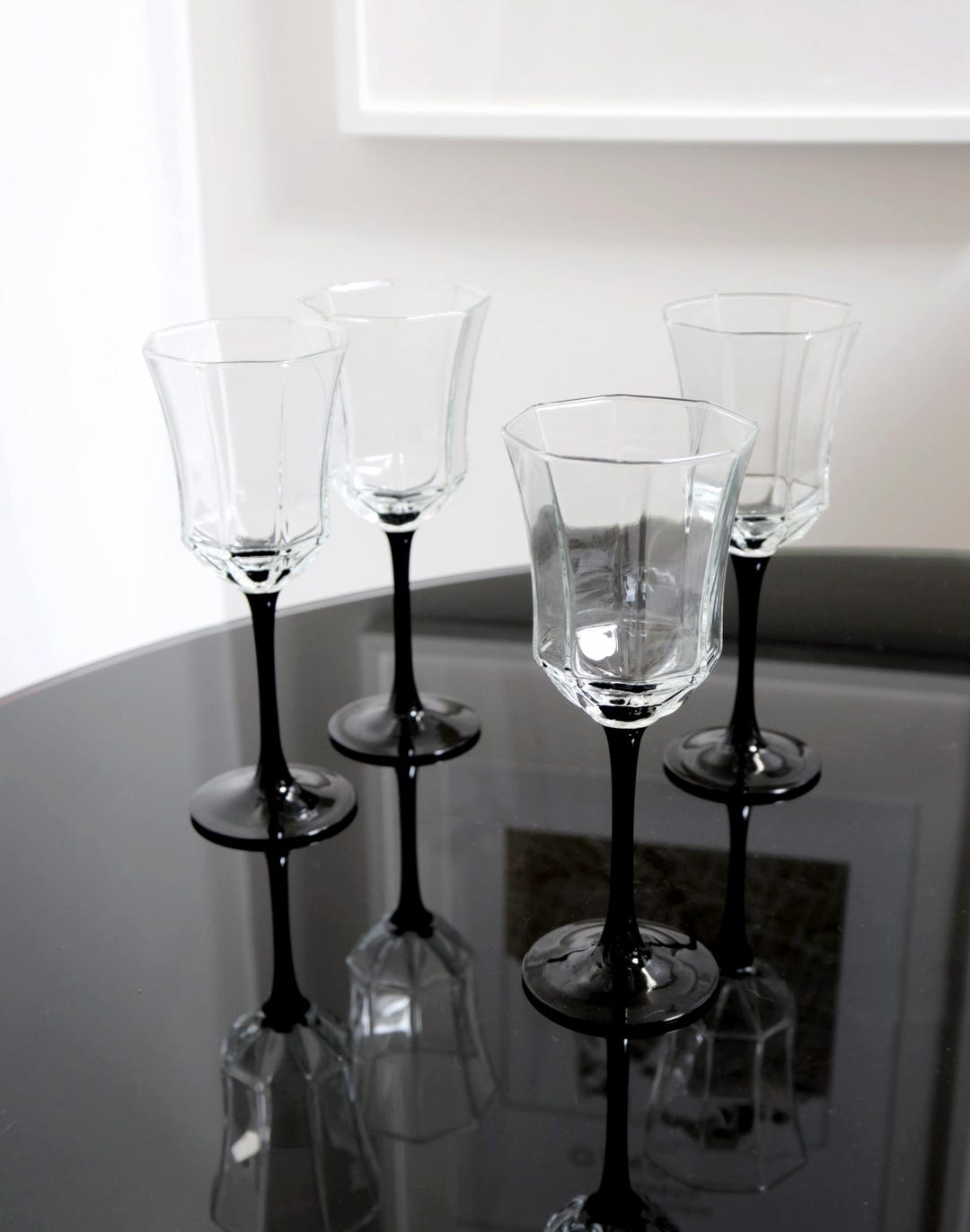 Vintage Octagon Wine Glasses W/ Black Stems - Set of 4, Modern Gothic ...