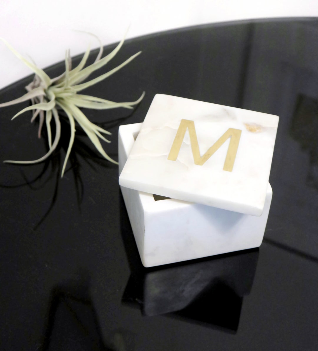 Contemporary Polished White Marble Jewelry Box W/ Brass 'M' Initial ...