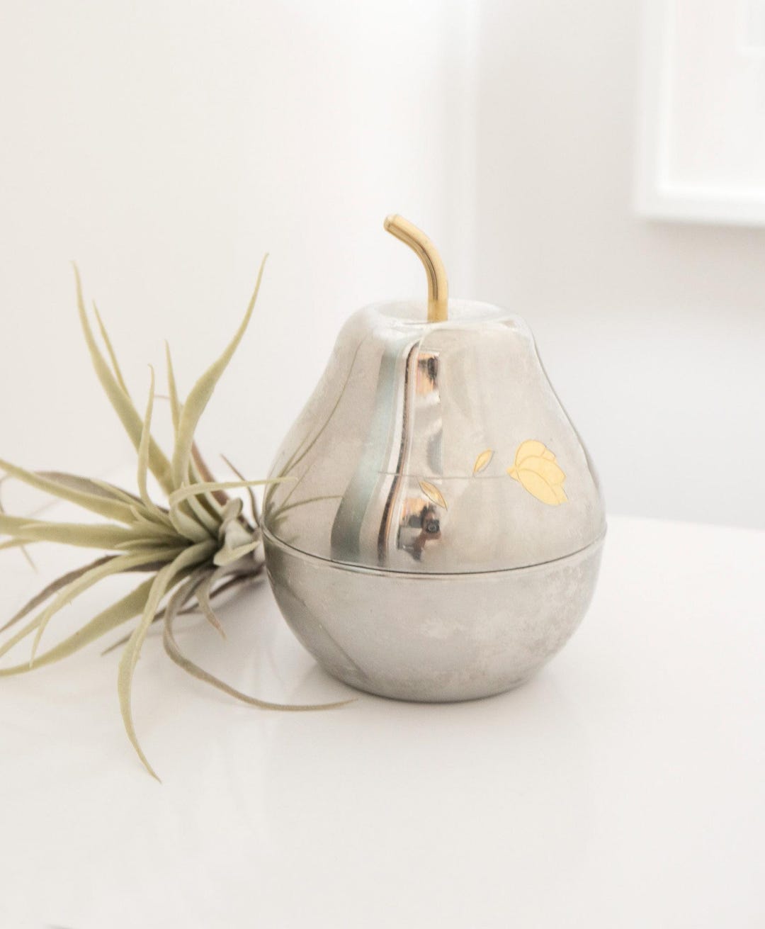 Vintage Two Tone Stainless Steel Pear Shaped Trinket Box W/ Etched Rose ...