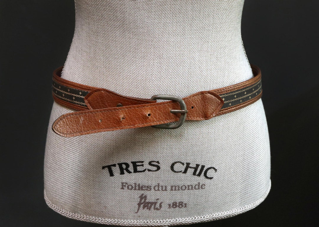 Vintage Brown Faux Leather Belt W/ Star Striped Fabric Panel, Preppy ...