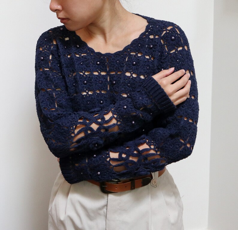 Vintage Navy Blue Open Knit Sweater Tunic W/ Pearl - Etsy