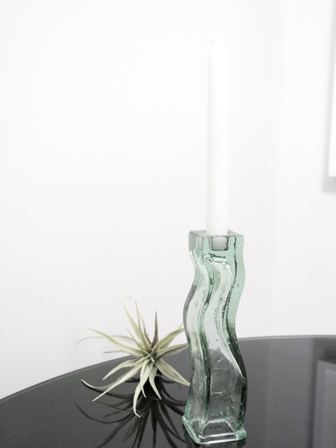 AS IS - CHIPPED Vintage Wavy Sea Green Glass Candlestick Holder or Bud ...