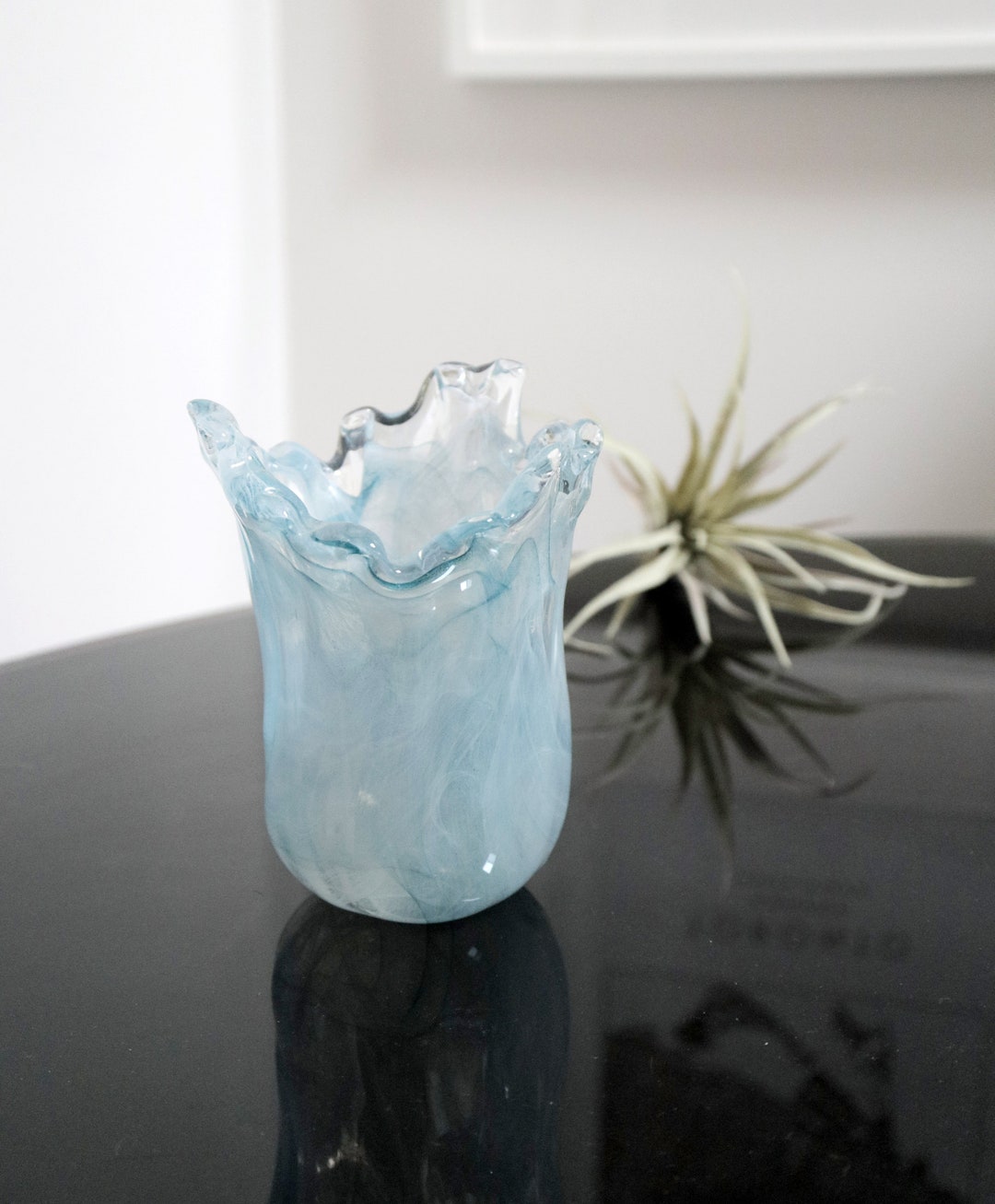 Vintage Milky Blue Swirled Glass Splash Vase, Murano Style Cup, Wavy ...