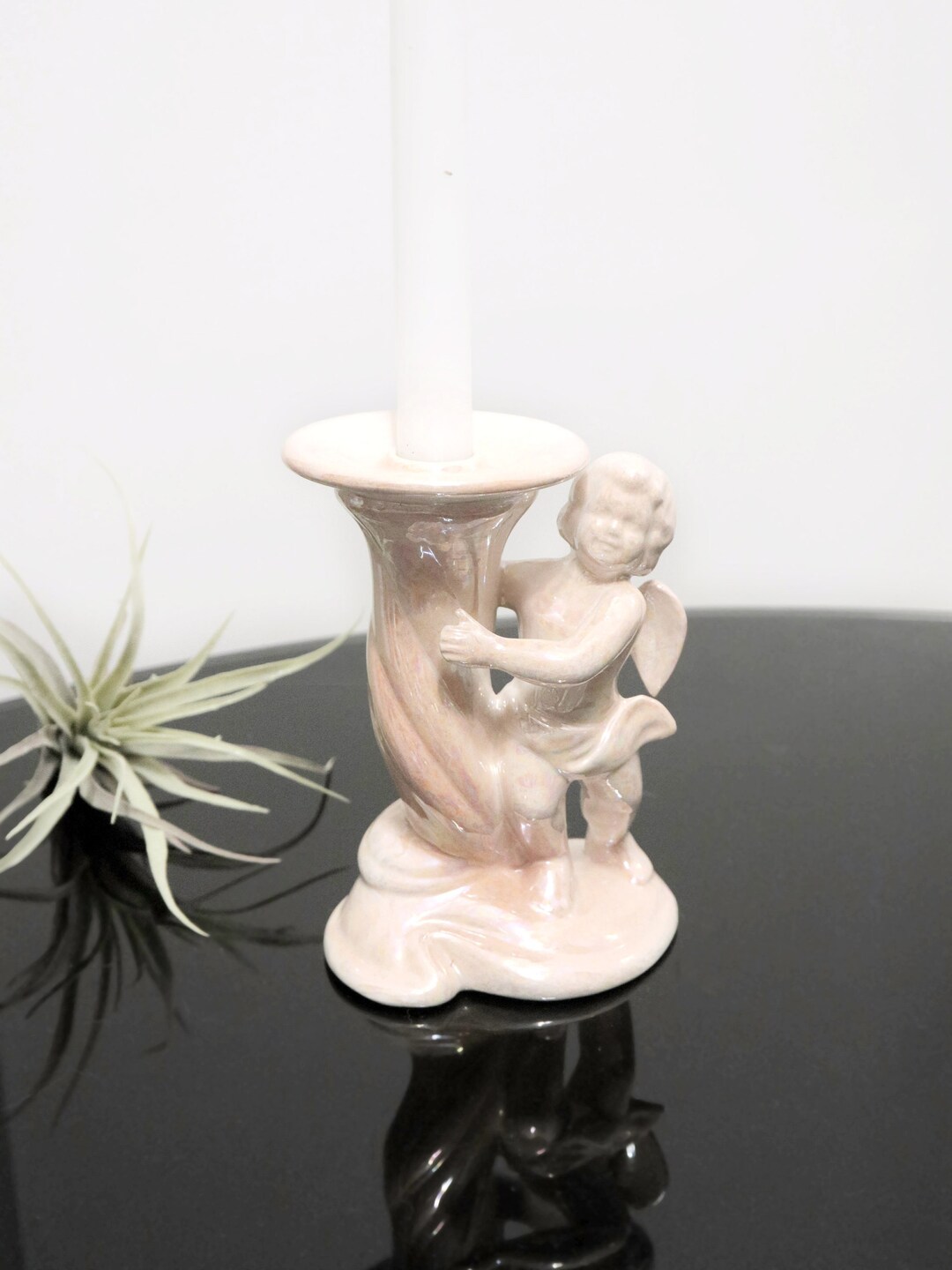Vintage Iridescent Pink Ceramic Cherub Candle Holder, Small Pedestal ...