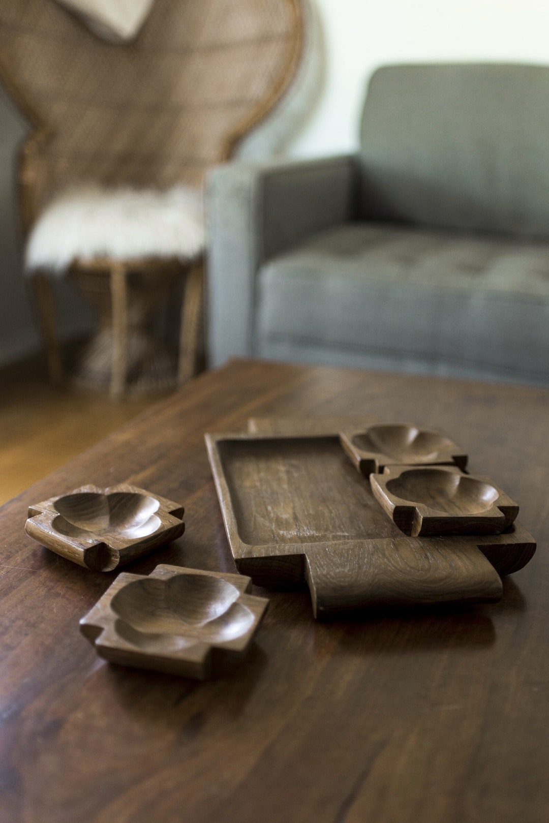 Teak Wooden Serving Tray W/ Set of 4 Small Dishes - Retro Entertaining ...