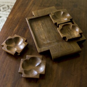 Teak Wooden Serving Tray W/ Set of 4 Small Dishes - Retro Entertaining ...