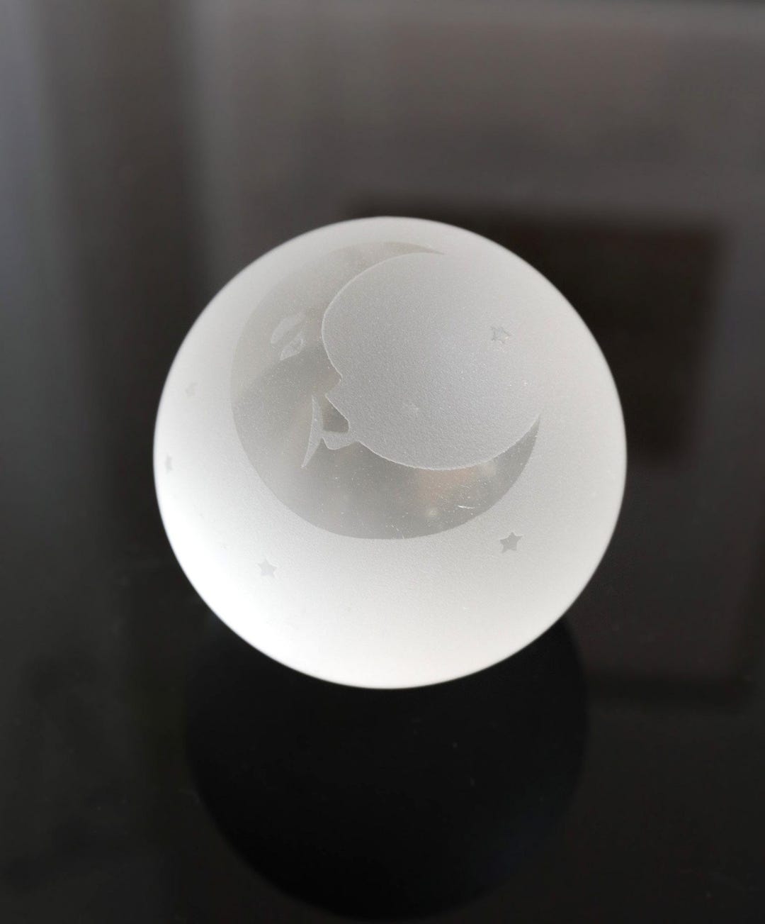 Vintage Frosted Crescent Moon Face & Star Orb Sculpture, Etched Art ...