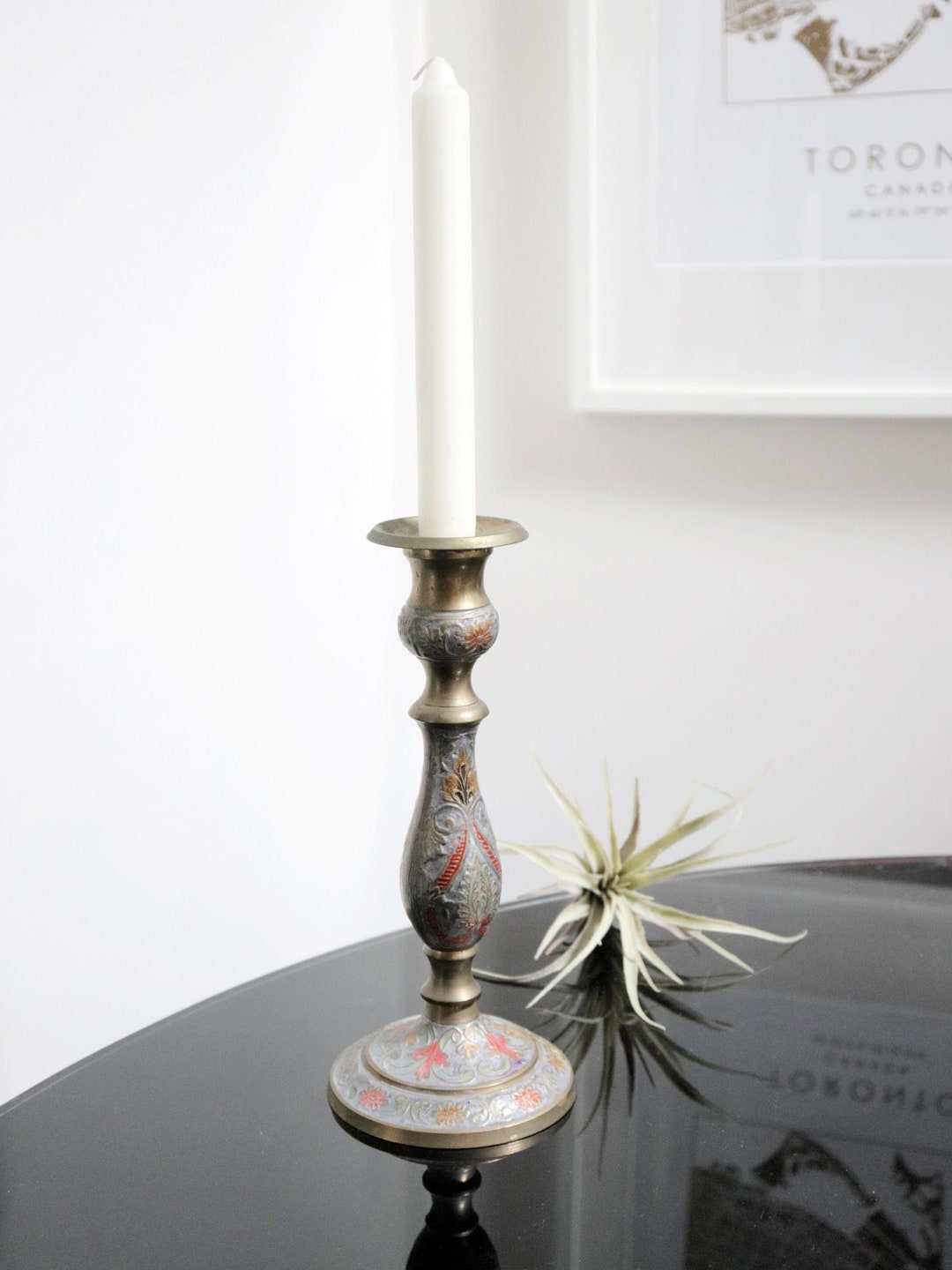 Vintage Single Victorian Brass & Blue Enamel Candlestick Holder, Gold ...