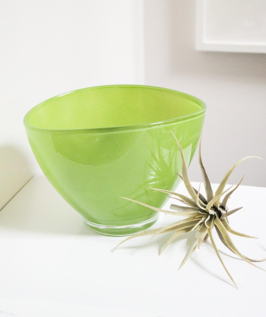 Vintage Lime Green Art Glass Oval Bowl Vase by Canpol Poland, Modern ...