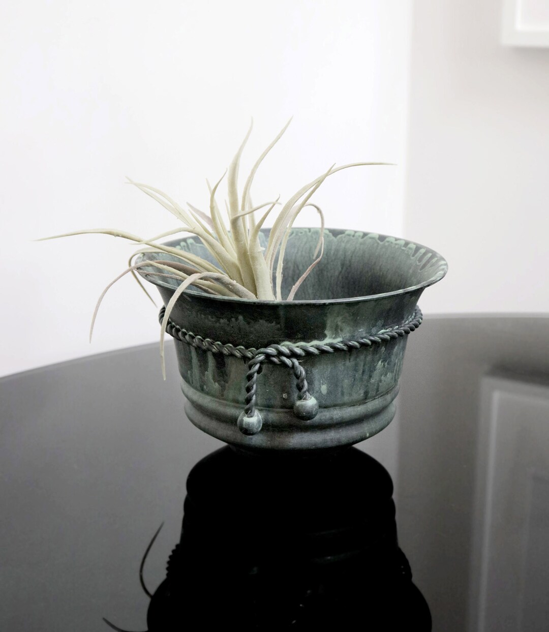 Vintage Brass Verdigris Plant Pot W/ Rope Tie Detail, Flared Round ...