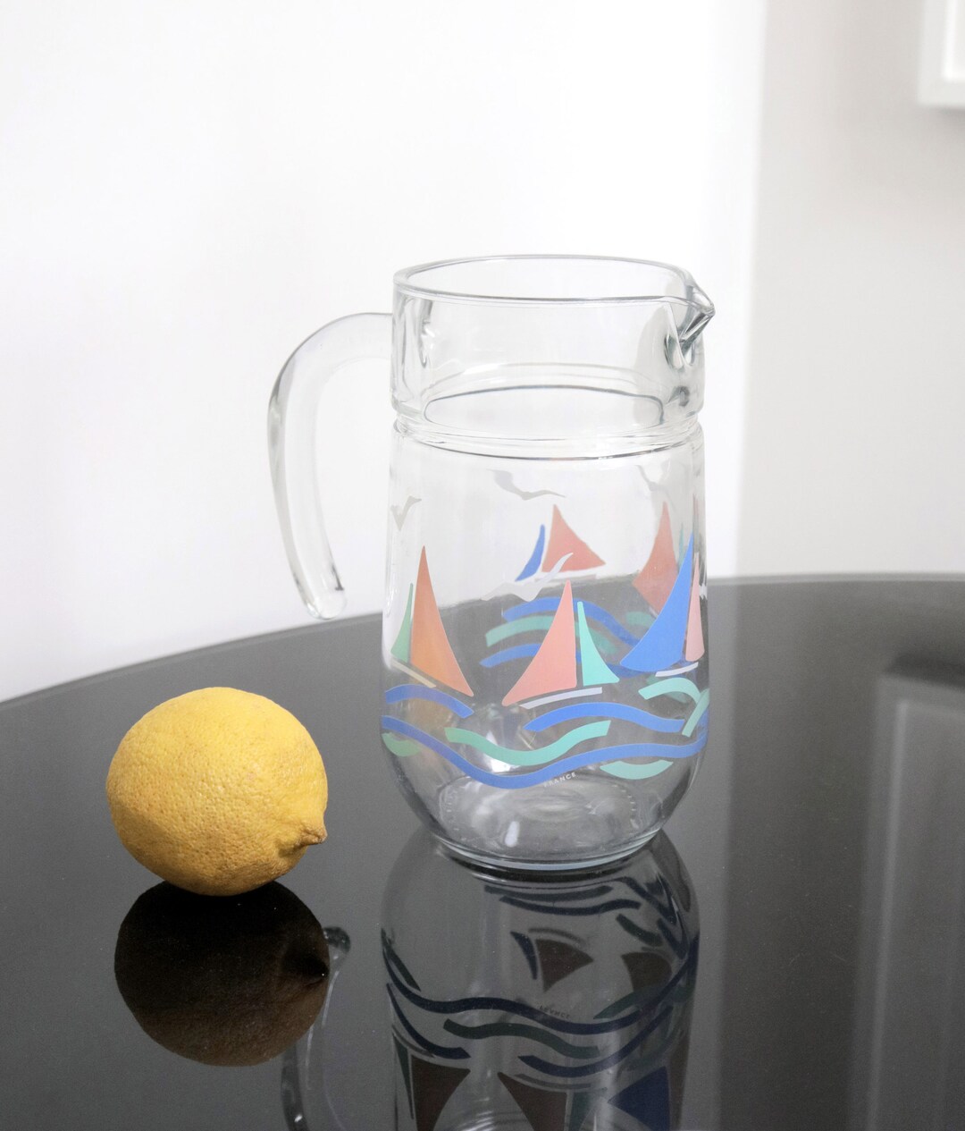 Vintage 80s Sailboat Pitcher in Pastel Pink, Blue & Green, Clear Glass ...