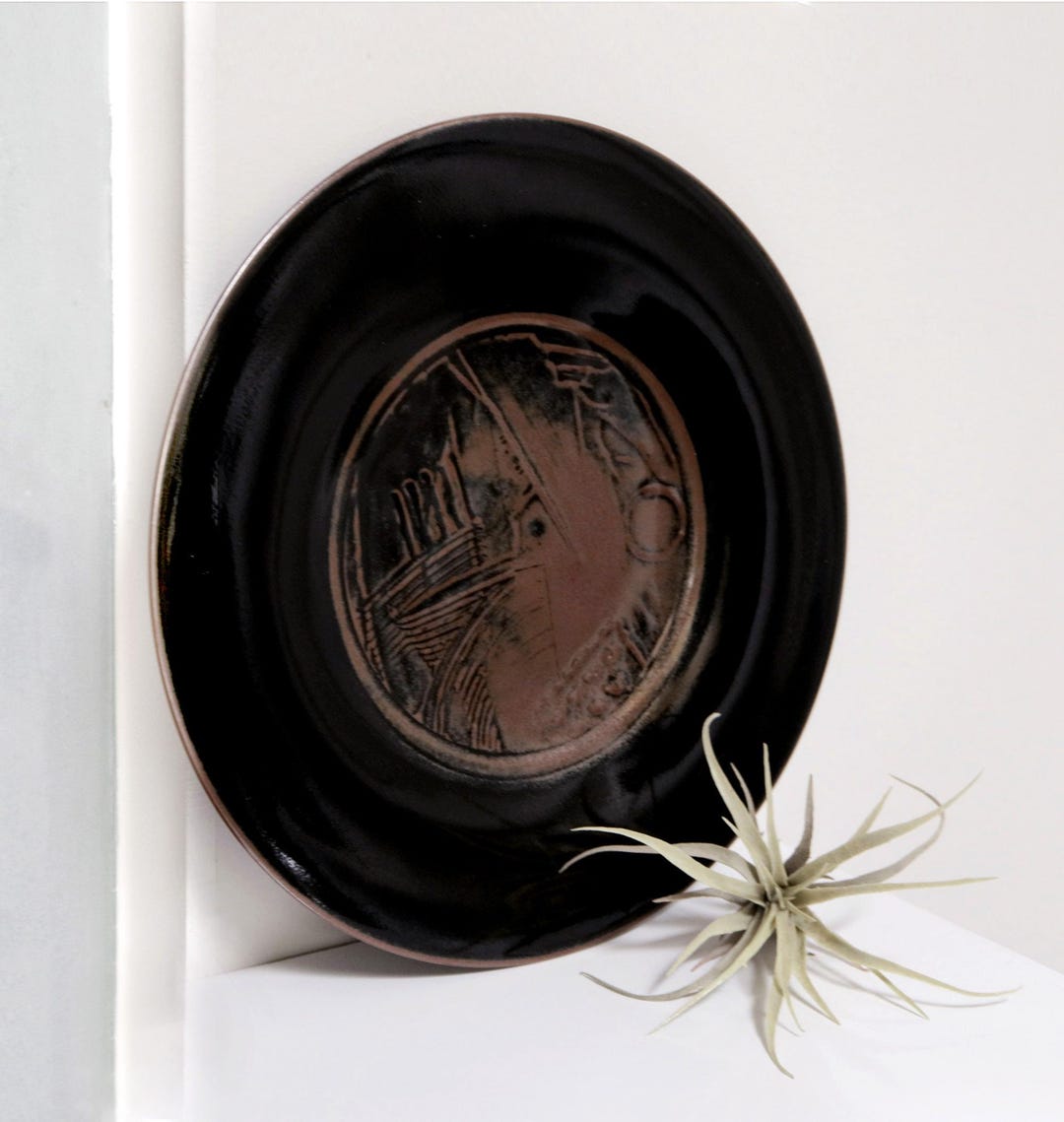 Vintage 13" Large Black & Terra Cotta Abstract Tenmoku Platter by Ron ...