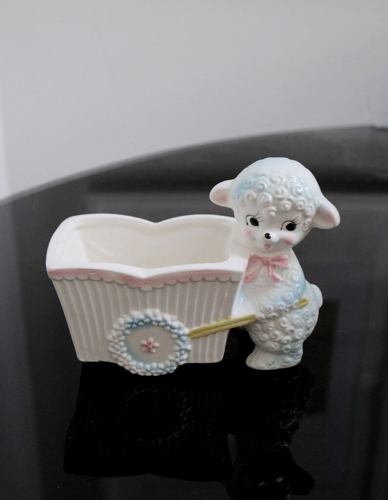 Vintage Ceramic Lamb Planter W/ Wagon, Hand Painted, Indoor Plant Pot ...