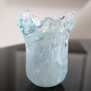 Vintage Milky Blue Swirled Glass Splash Vase, Murano Style Cup, Wavy ...
