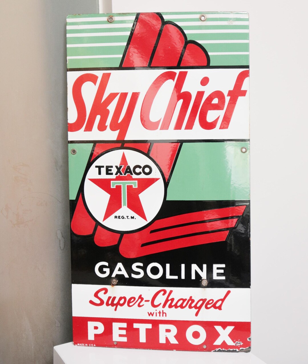 Vintage TEXACO Skychief Gasoline Enamelled Metal Sign, Super Charged ...