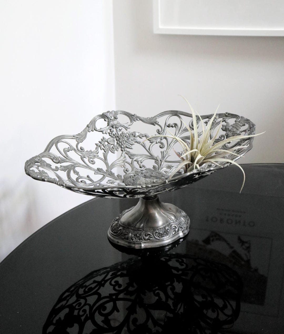 Vintage Silver Tone Filigree Pedestal Bowl W/ Grapevine & Floral Design ...