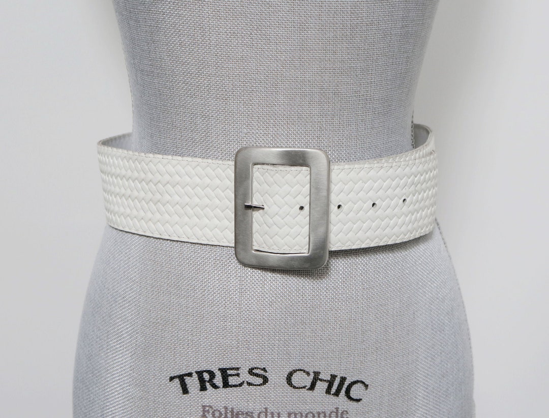 Vintage Wide White Braided Waist Belt W/ Large Brushed Silver ...