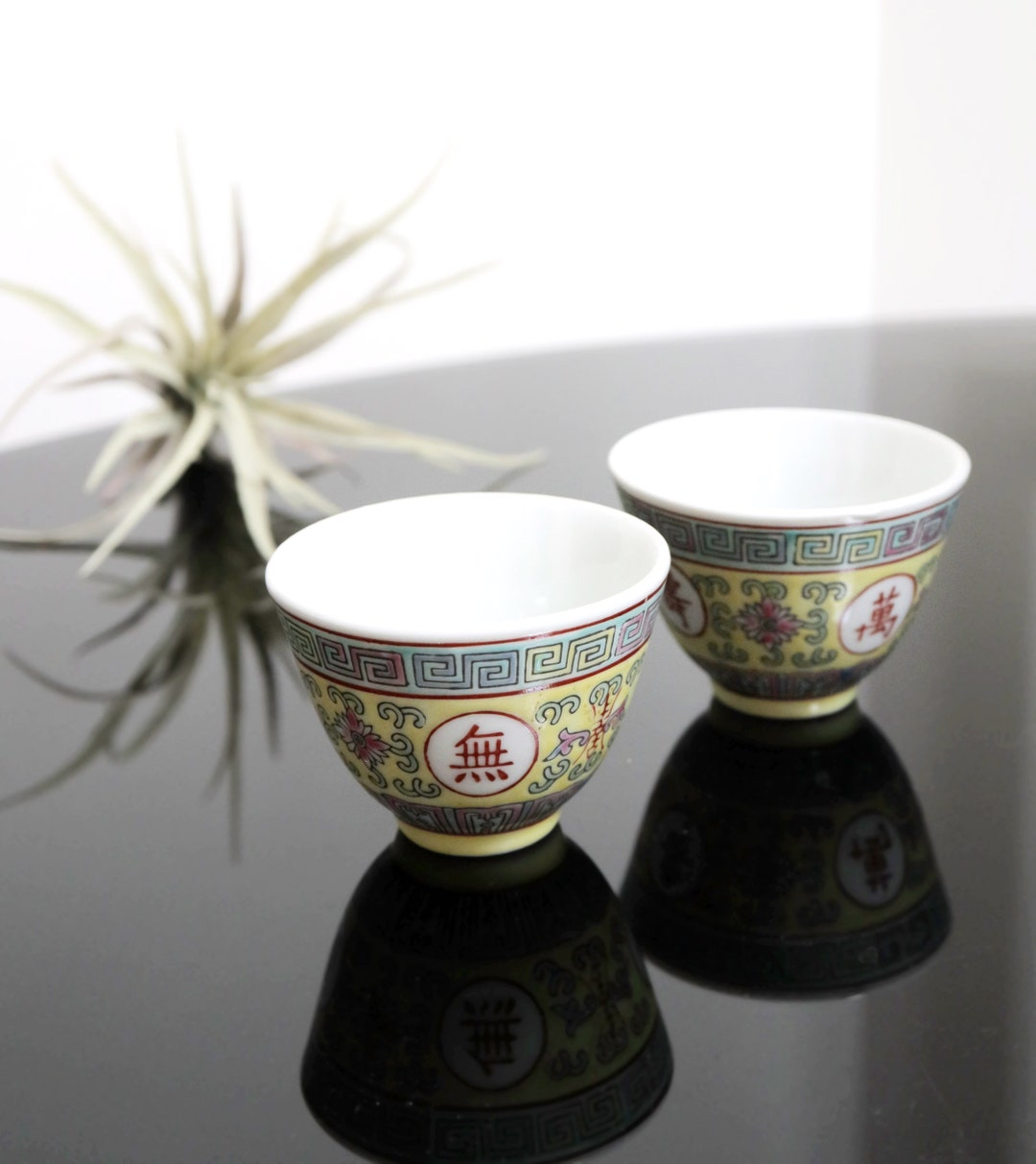 70s Yellow Famille Rose Teacups - Set of 2, Hand Painted Chinese ...