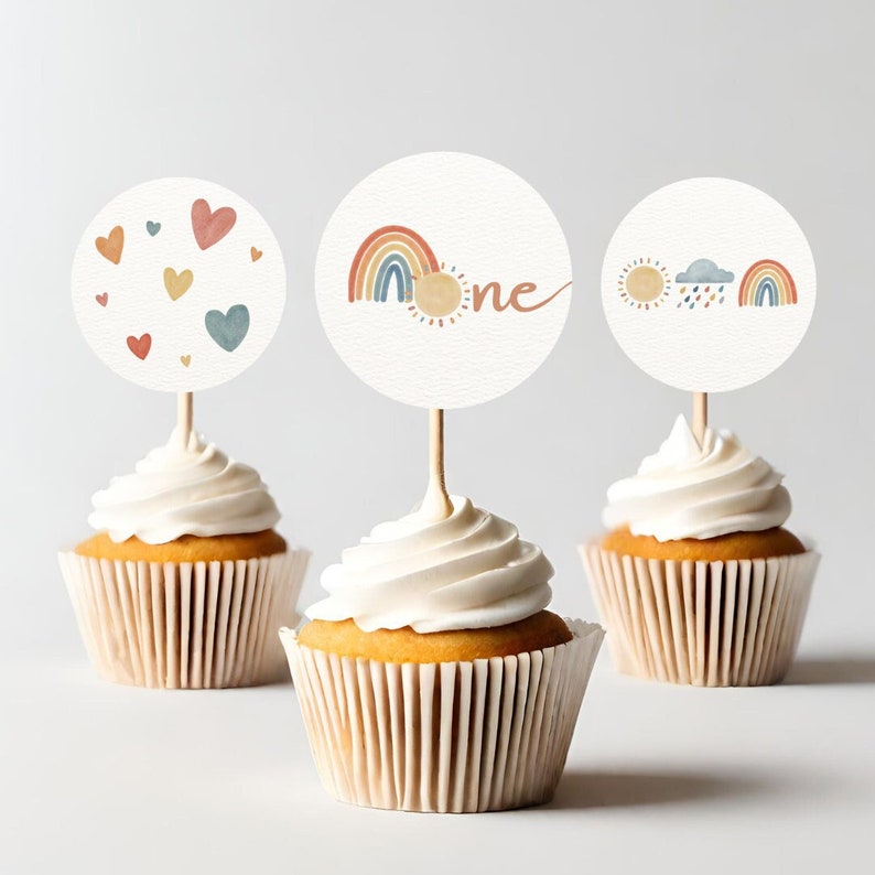 Cupcake Topper PNG Printable Boho Rainbow Neutral One Year Birthday ...