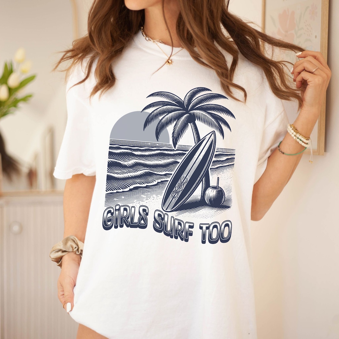 Girls Surf Too Tee, Women Surfing Shirt, Ocean Inspired Style T-shirt, Beach Bum T-shirt, Palm ...
