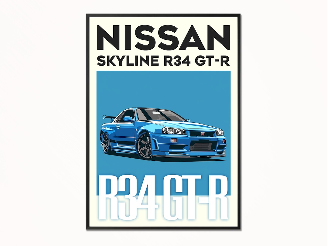 Nissan Skyline R34 GT-R Blue Illustrated Poster Digital Download Car ...