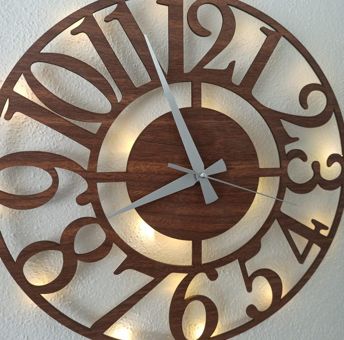 Unique Wooden Wall Clock, Modern Wall Clock, Lighted Wall Clock, Large ...