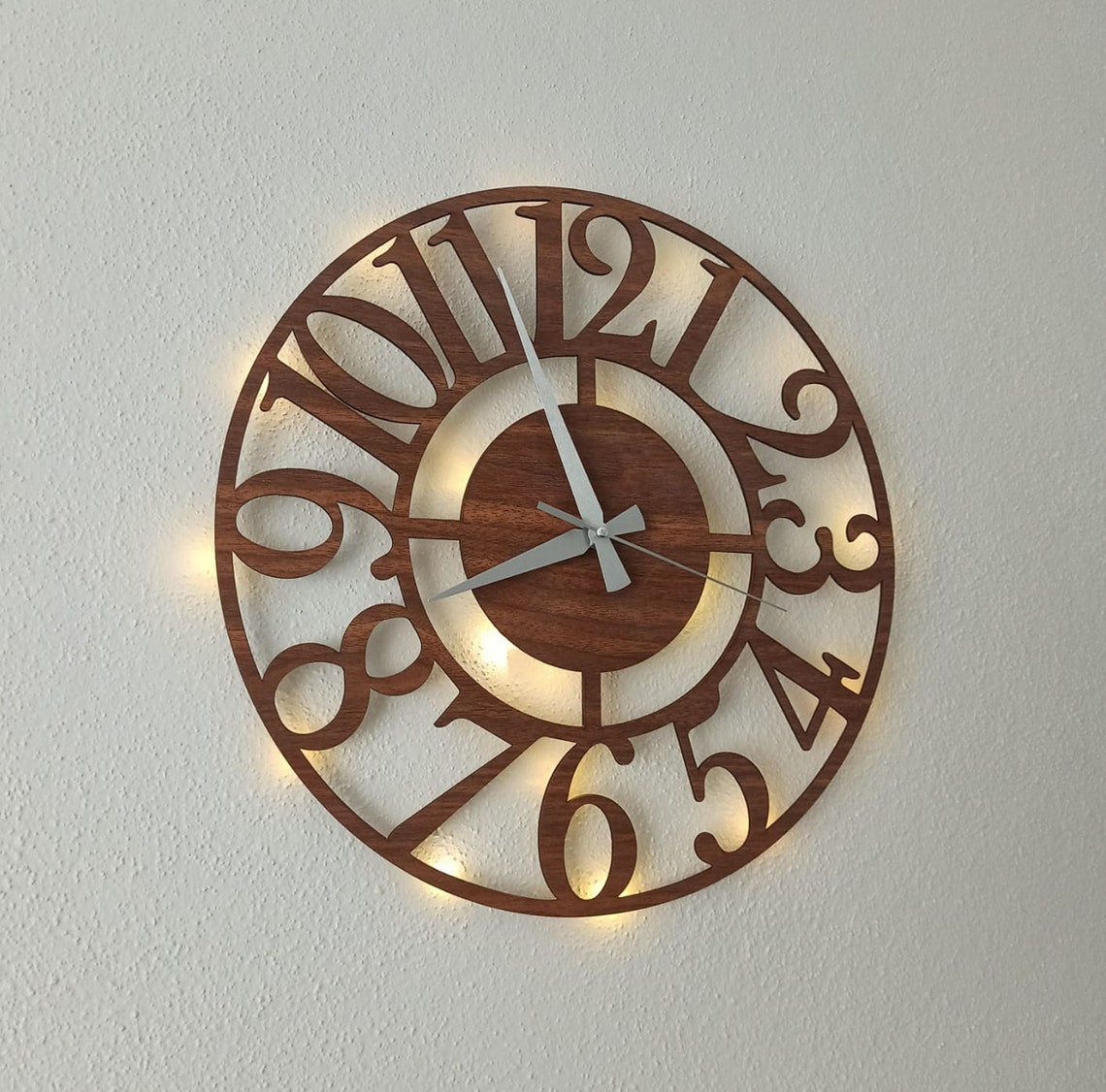 Unique Wooden Wall Clock, Modern Wall Clock, Lighted Wall Clock, Large ...