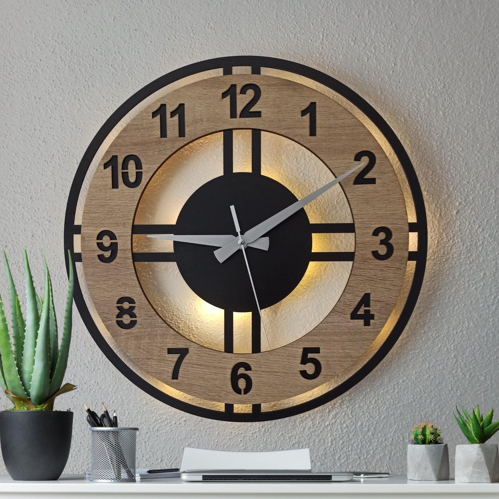 Large Illuminated Wall Clock, Modern Wall Clock, Design Clock, Rustic ...