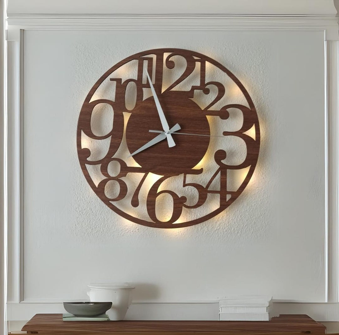 Modern Wall Clock With Large Numbers, Walnut Color Wall Clock, Stylish ...