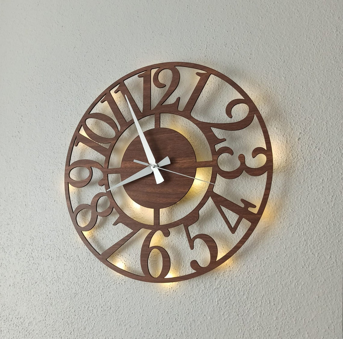 Unique Wooden Wall Clock, Modern Wall Clock, Lighted Wall Clock, Large ...