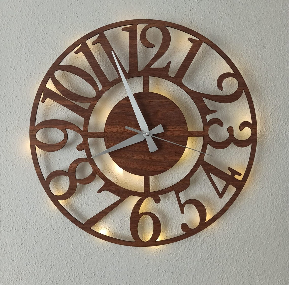 Unique Wooden Wall Clock, Modern Wall Clock, Lighted Wall Clock, Large ...