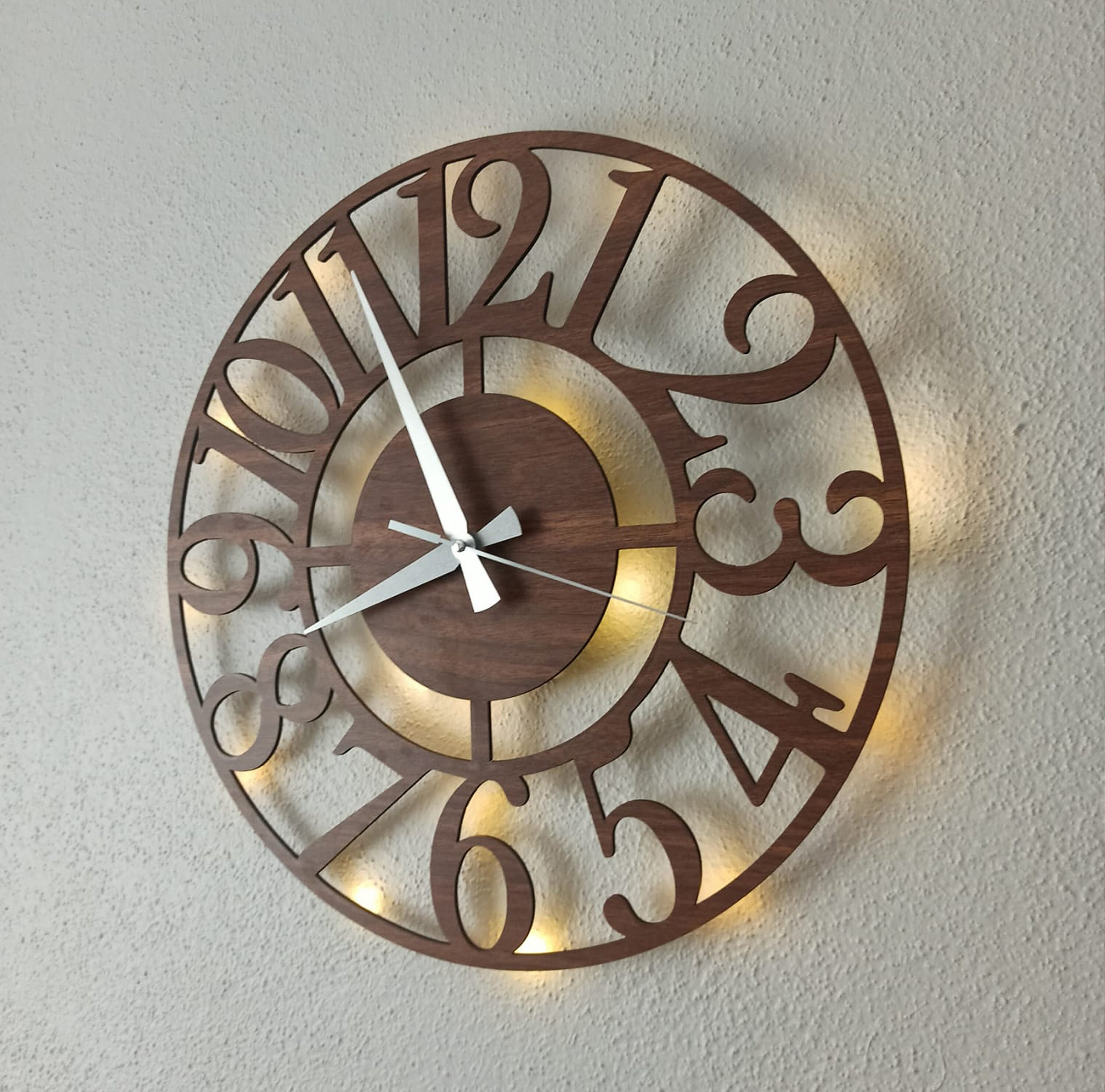 Unique Wooden Wall Clock, Modern Wall Clock, Lighted Wall Clock, Large ...