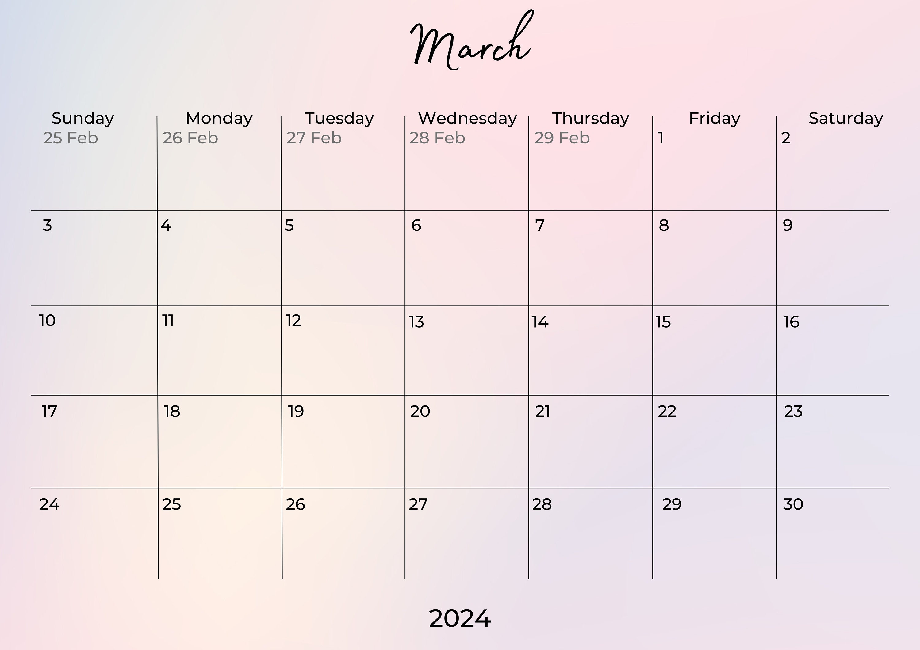 Printable 2024 Calendar Monthly Sunday & Monday Start Landscape A4 ...