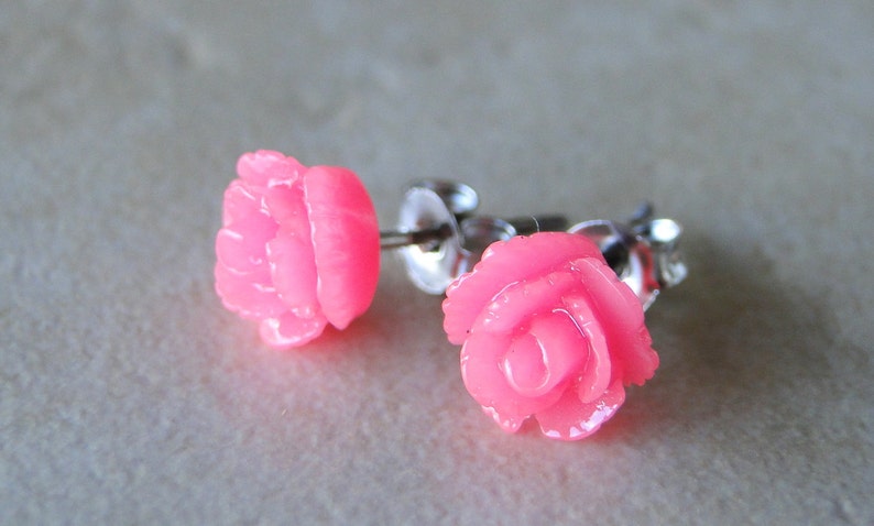 Bright Pink Carved Rose Silver Plated Studs - Etsy