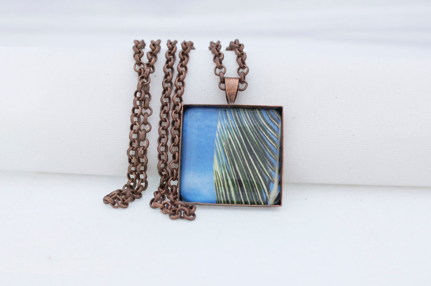 Blue Sky and Palm Trees Pendant Necklace, Vintage Copper, Photography ...