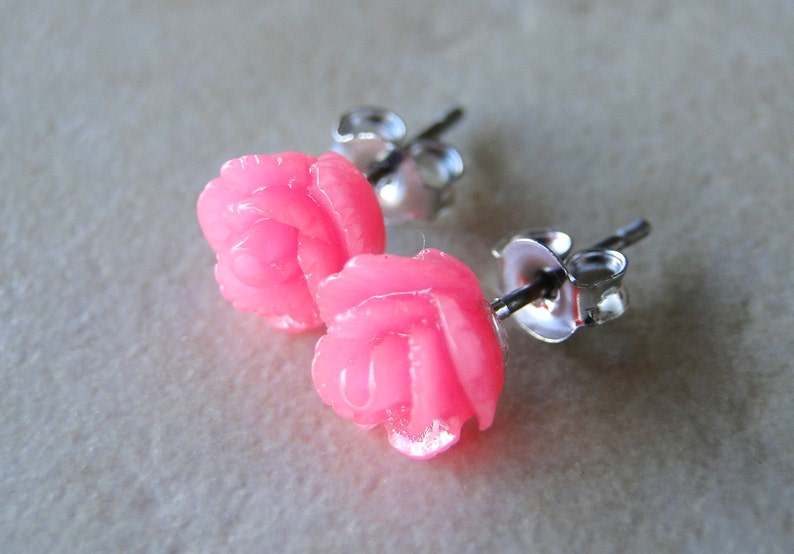 Bright Pink Carved Rose Silver Plated Studs - Etsy