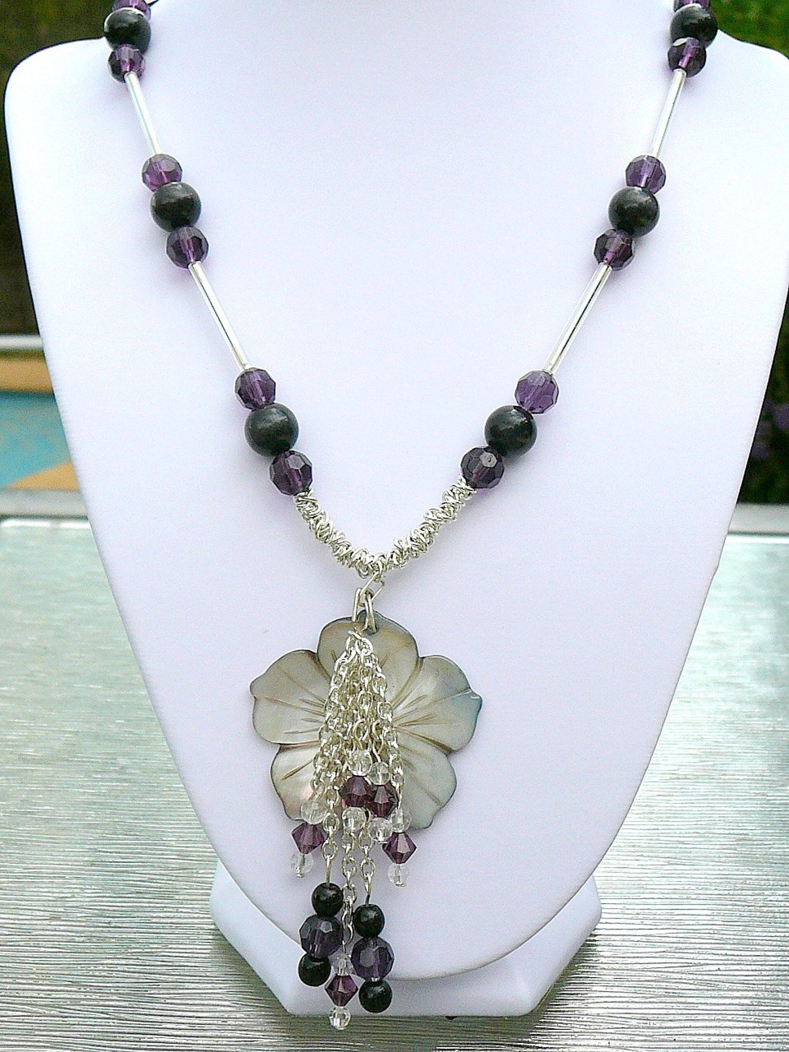 Shell Flower Pendant Necklace Combined With Black and Silver - Etsy